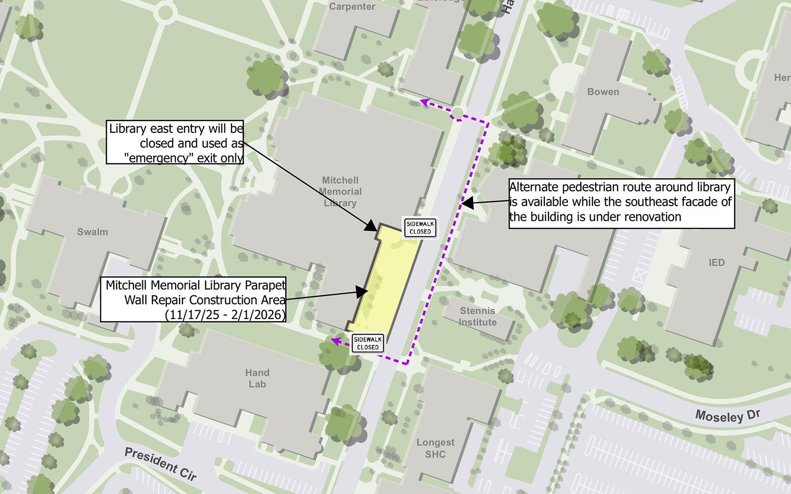 Mitchell Memorial Library construction temporarily closes entrance ...